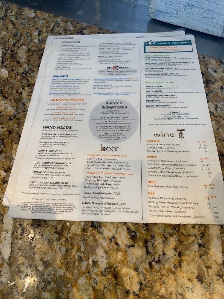 Menu at Quinn's on the Beach steakhouse, Marco Island