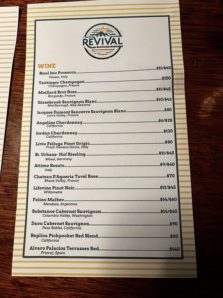 Menu at Revival Denver Public House, Denver