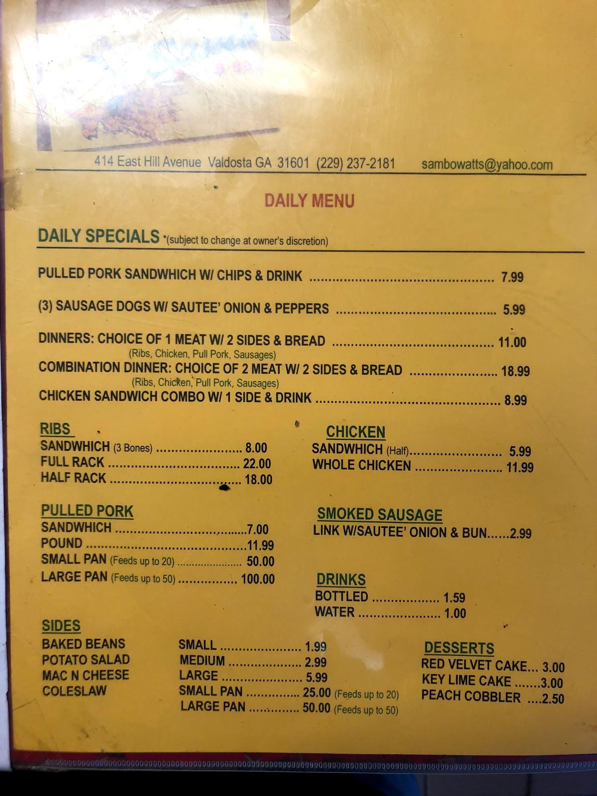 Menu at Sam's Carry Out BBQ, Valdosta