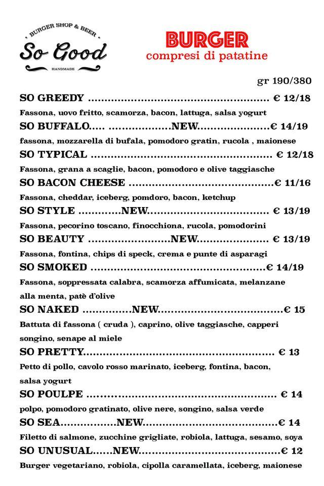 Carta del restaurante So Good - Burger Shop & Beer, Cambiago