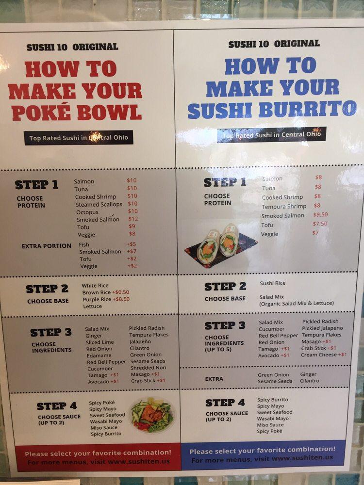 Menu at Sushi Ten restaurant, Columbus