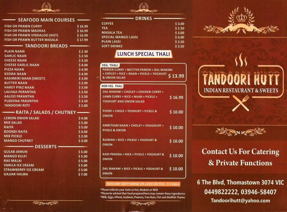 Menu at Tandoori Hutt restaurant, Thomastown