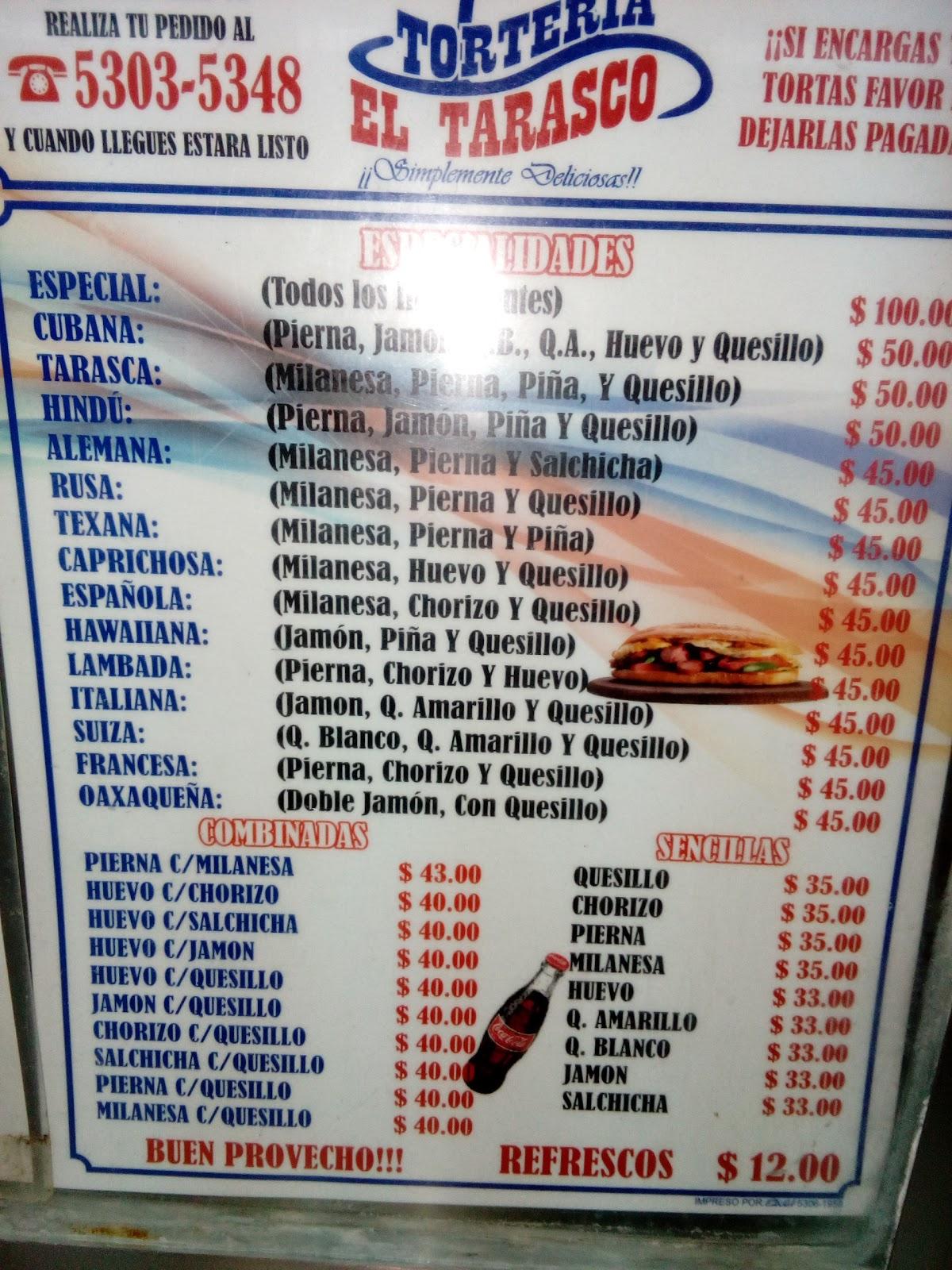 Menu at Torteria El Tarasco II restaurant, Tlalnepantla de Baz