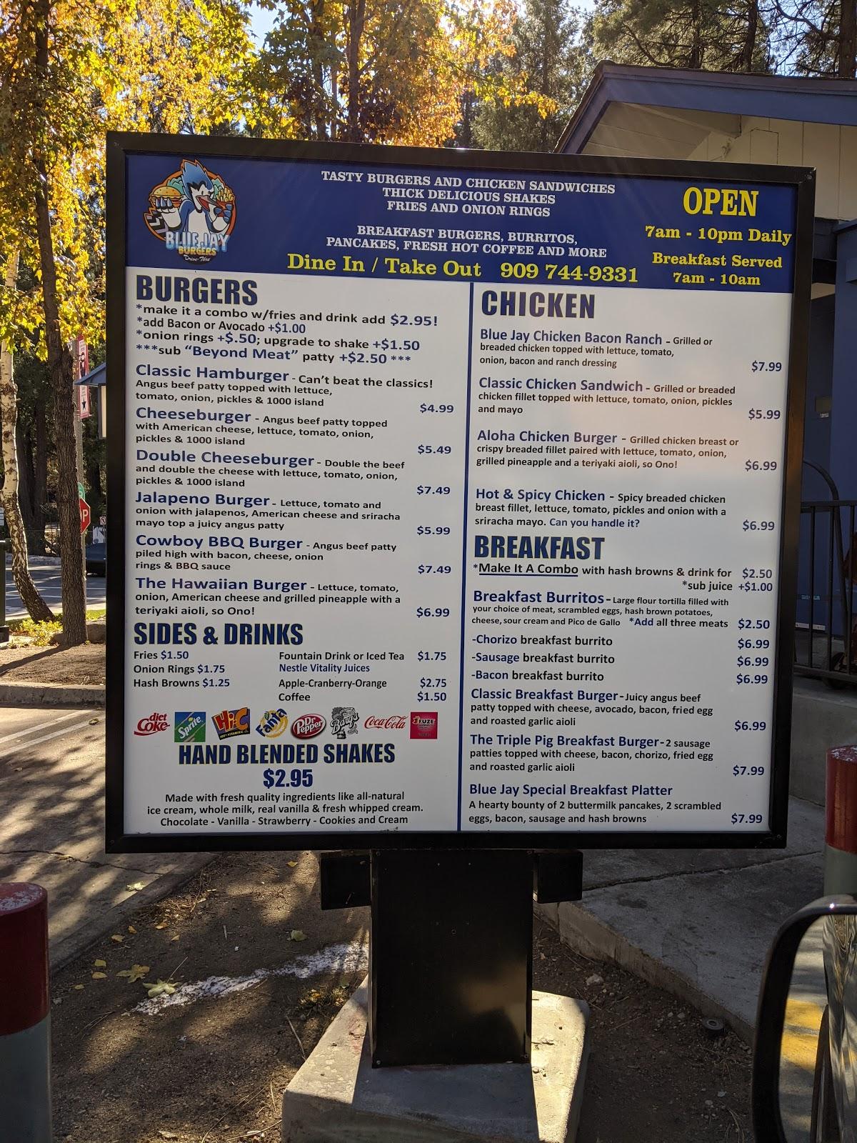 Menu at Blue Jay Burgers restaurant, Lake Arrowhead
