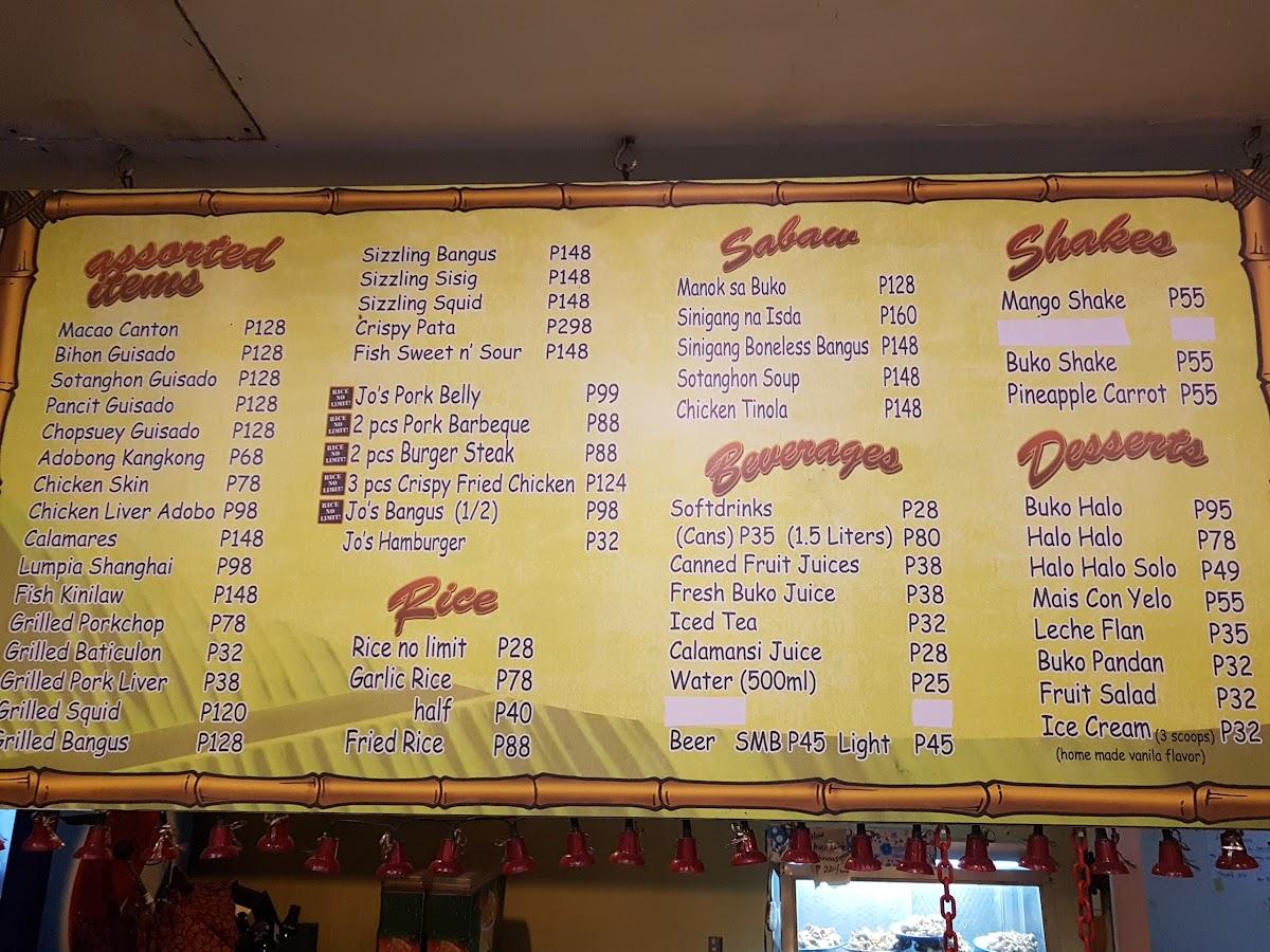 Menu at JO'S chicken inato restaurant, Iloilo City, 11 Benedicto St