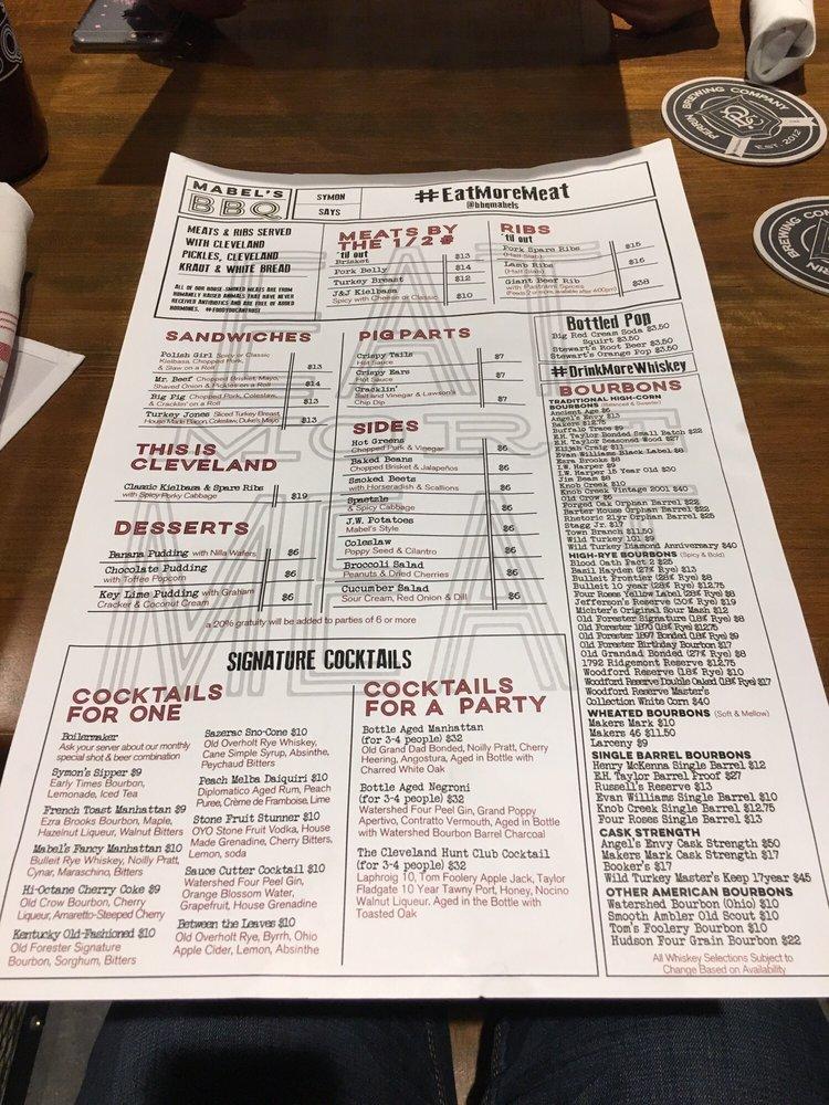 Menu at Mabel's BBQ, Cleveland
