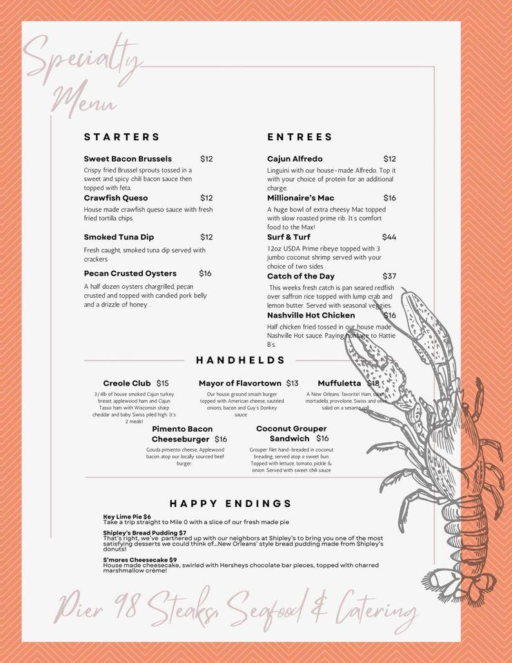 Menu at Pier 98 Steaks, Seafood & Catering restaurant, Hattiesburg