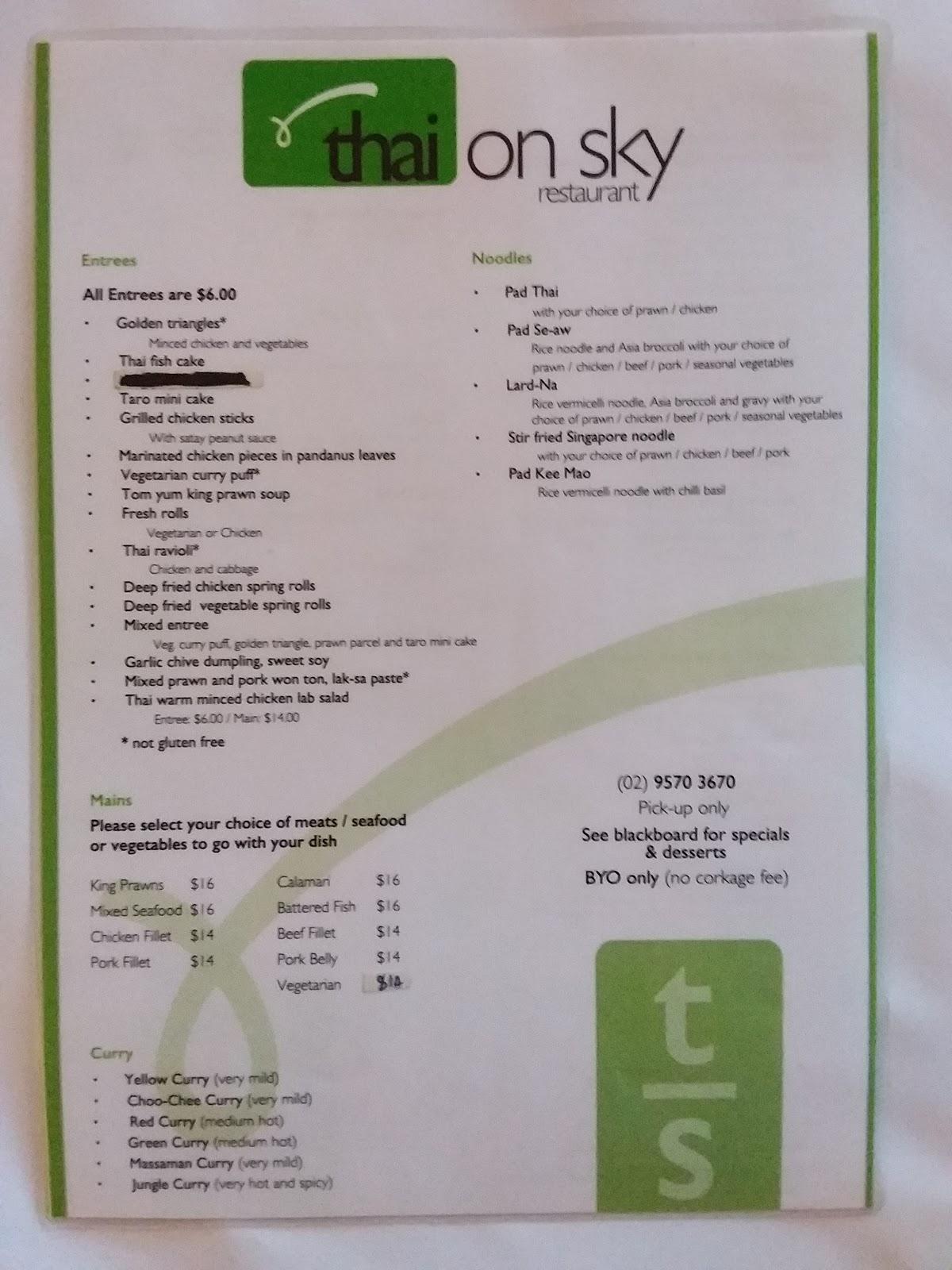 Menu at Thai on SKY Restaurant, Mortdale