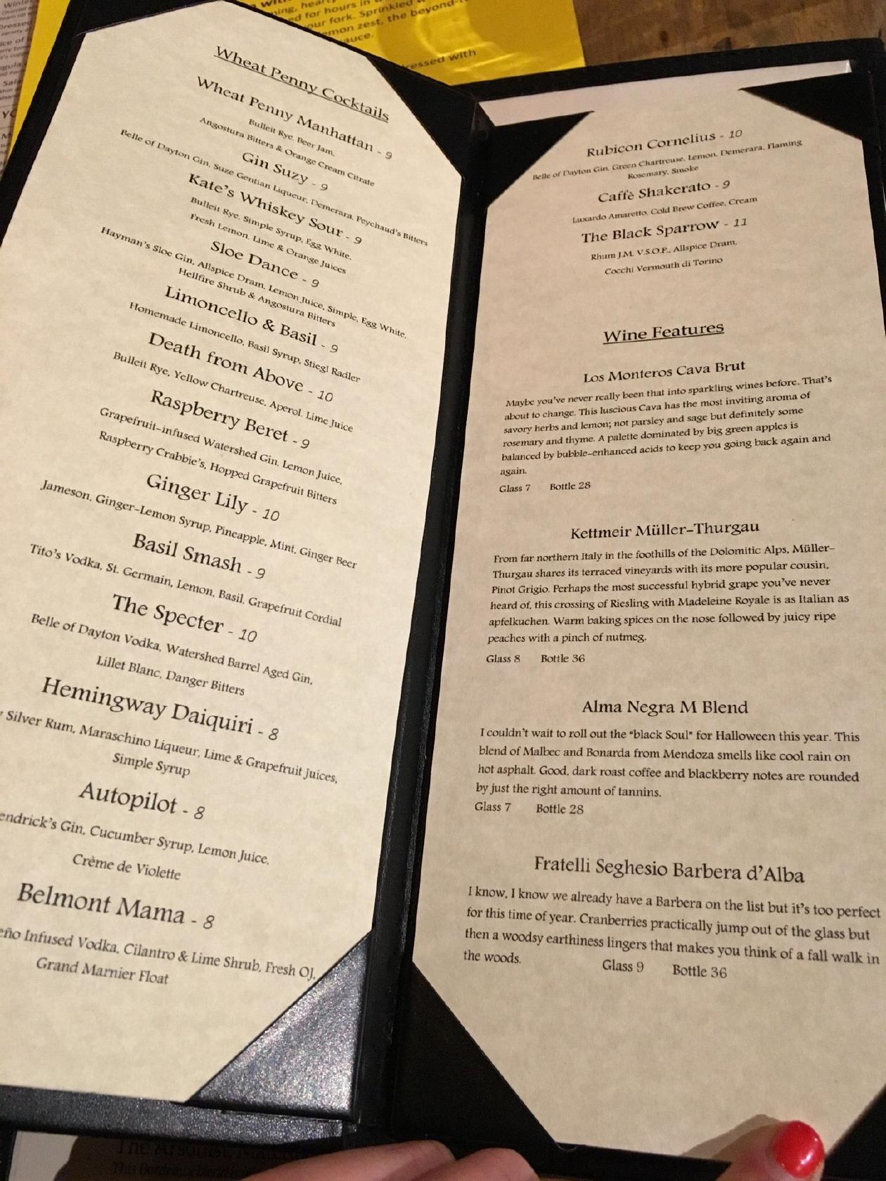 Menu at Wheat Penny Oven and Bar, Dayton