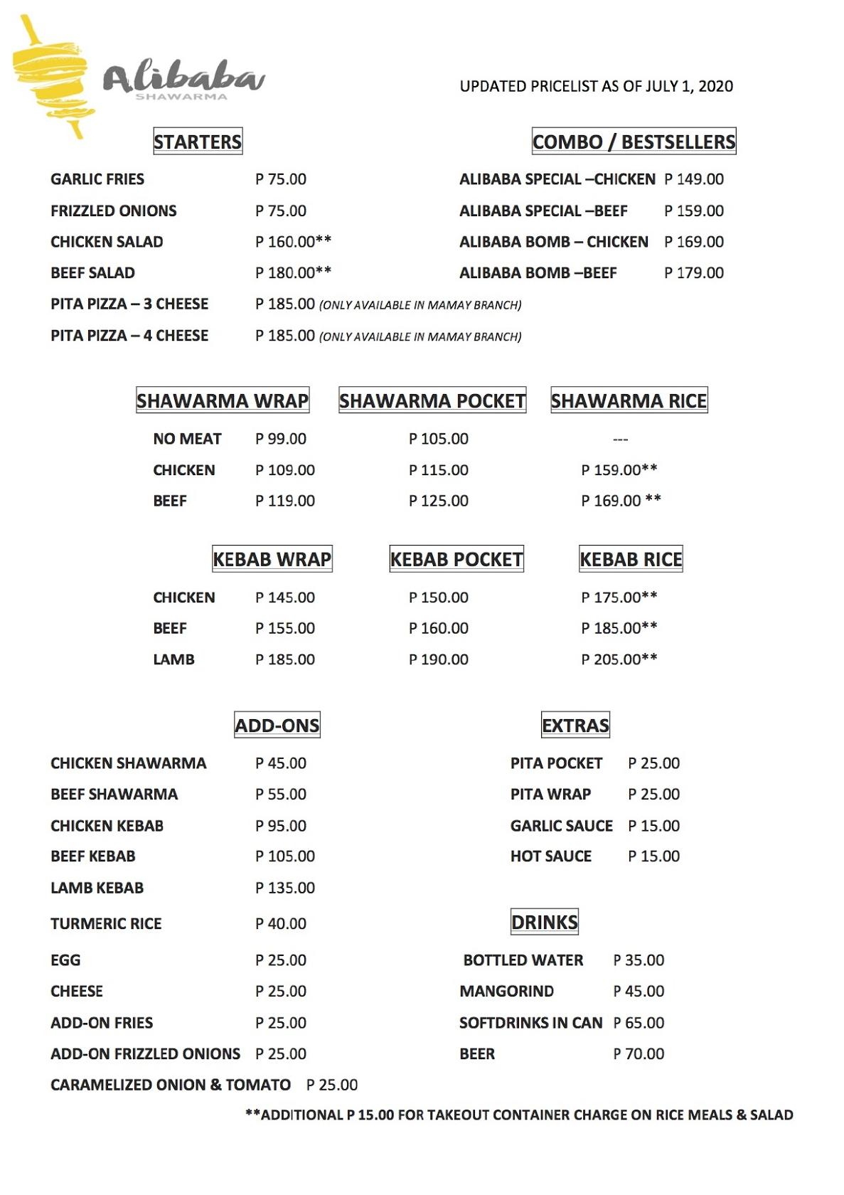 Menu at Alibaba Shawarma -Rizal Takeout Counter restaurant, Davao City