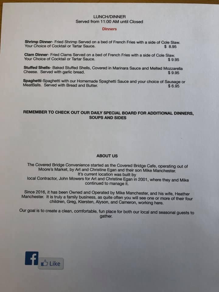 Menu at Covered Bridge Convenience restaurant, Salisbury Center