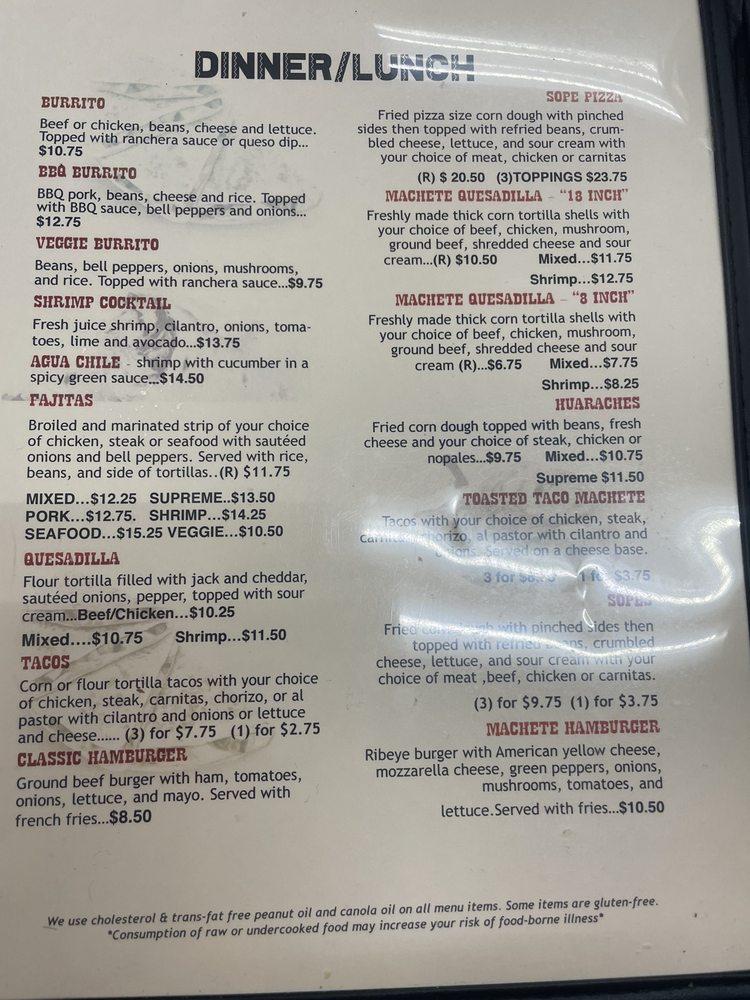 Menu at Don Machete Mexican Restaurant, Hardeeville