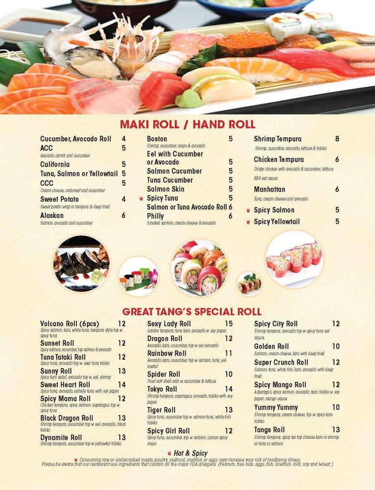Menu at Great Tang's restaurant, Saratoga Springs