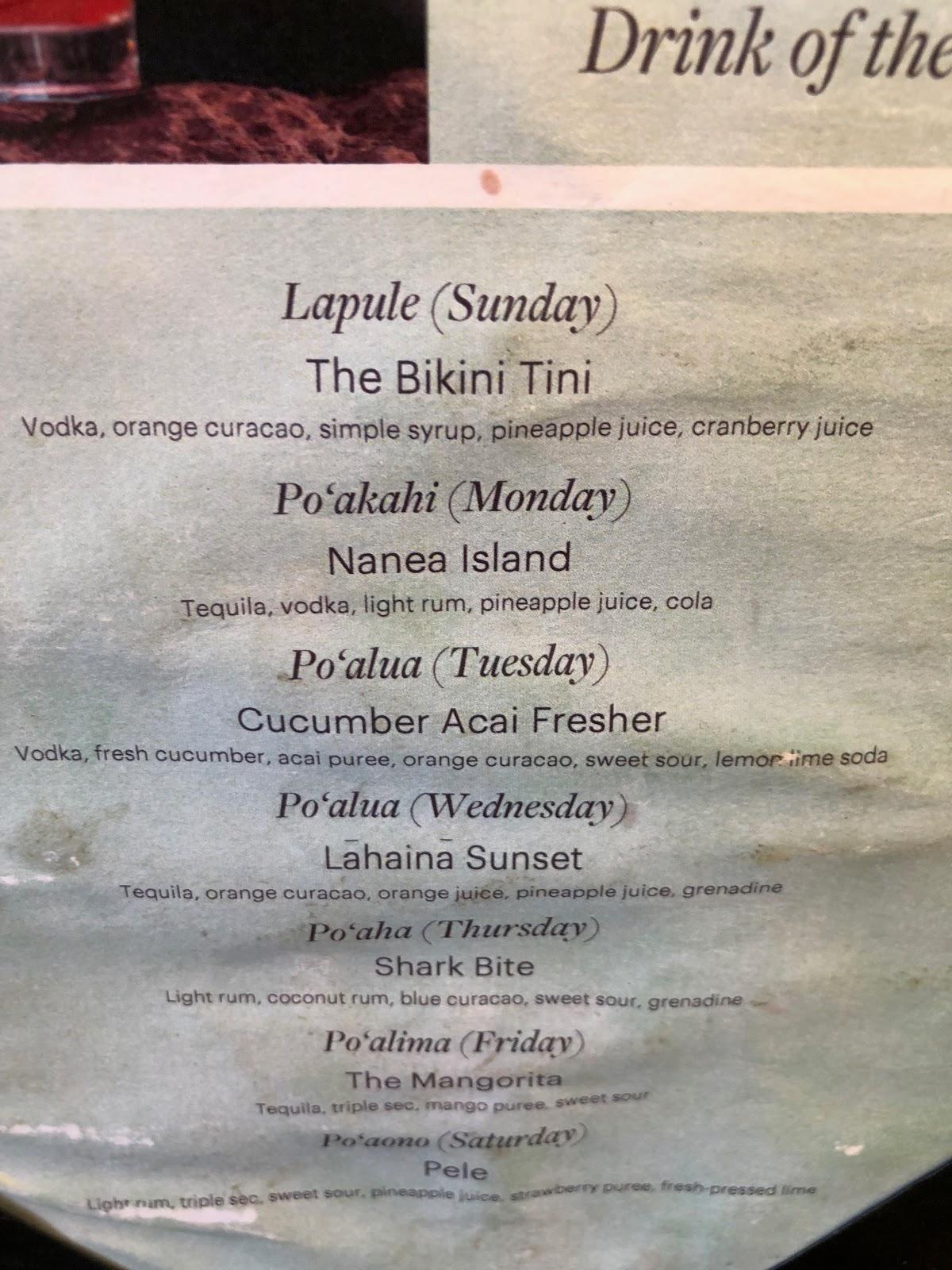 Menu at Inu Pool Bar, Lahaina