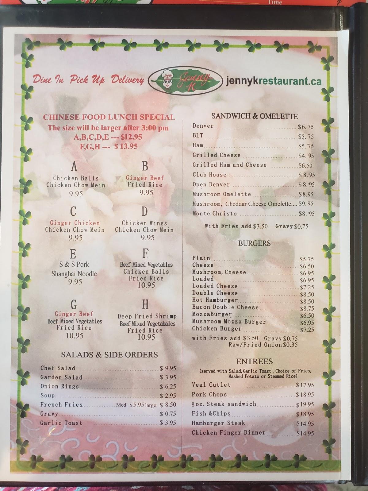 Menu at Jenny K restaurant, Estevan