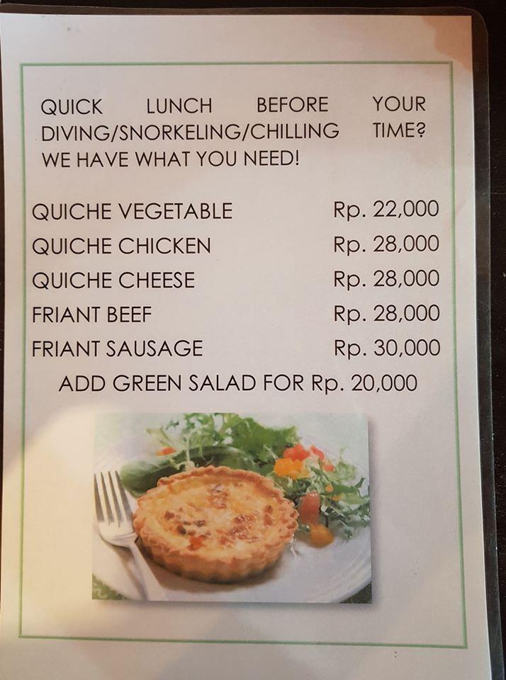 Menu at La Boulangerie cafe, Gili Indah