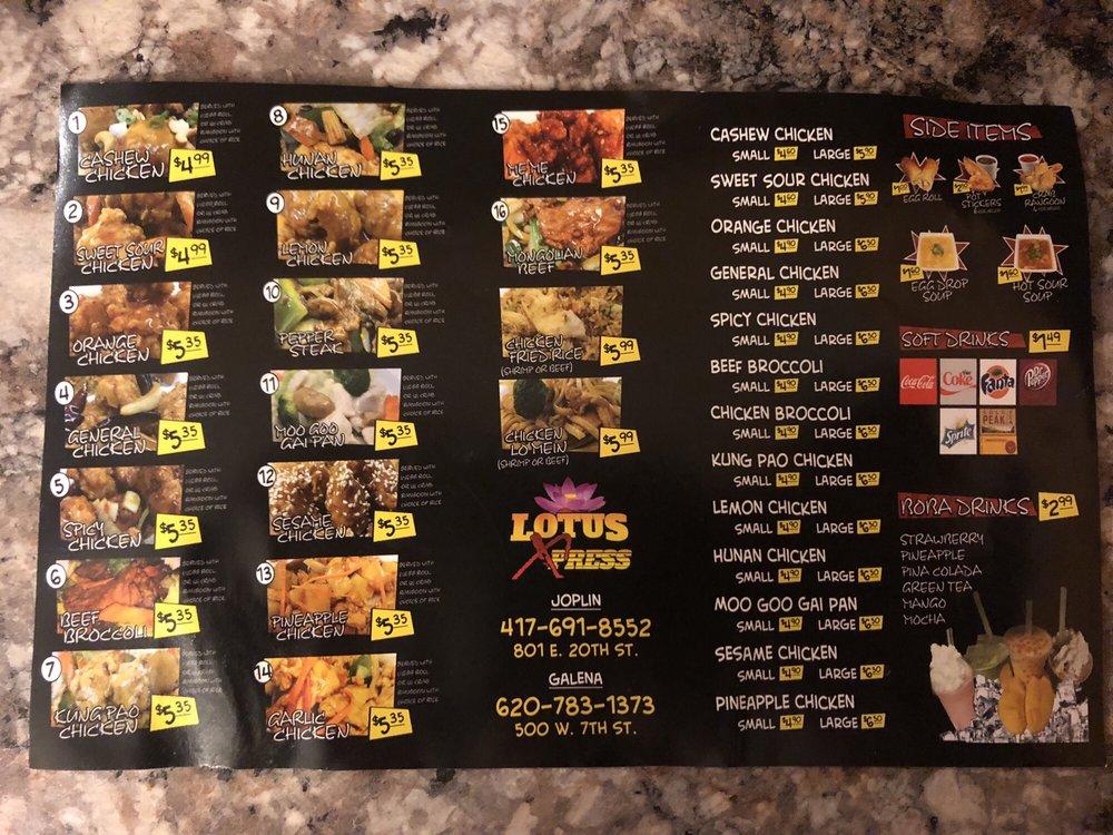 Menu at Lotus Xpress restaurant, Joplin