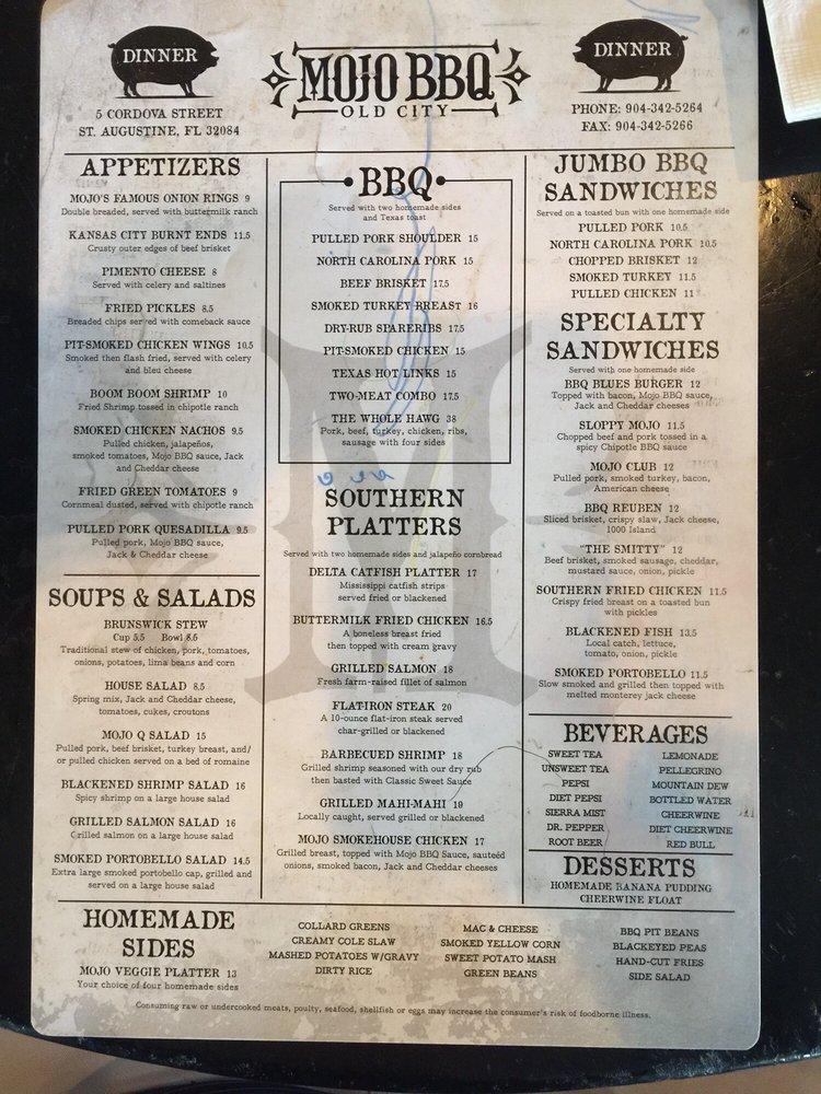 Menu at Mojo Old City BBQ, St. Augustine