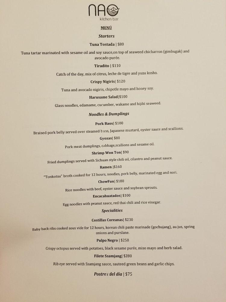 Menu at Nao Kitchen Bar, Mazatlán