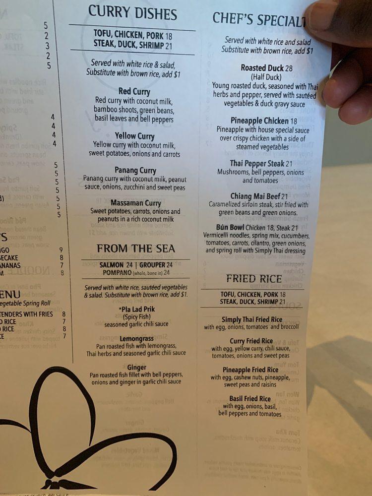 Menu at Simply Thai and Sushi restaurant, Elon
