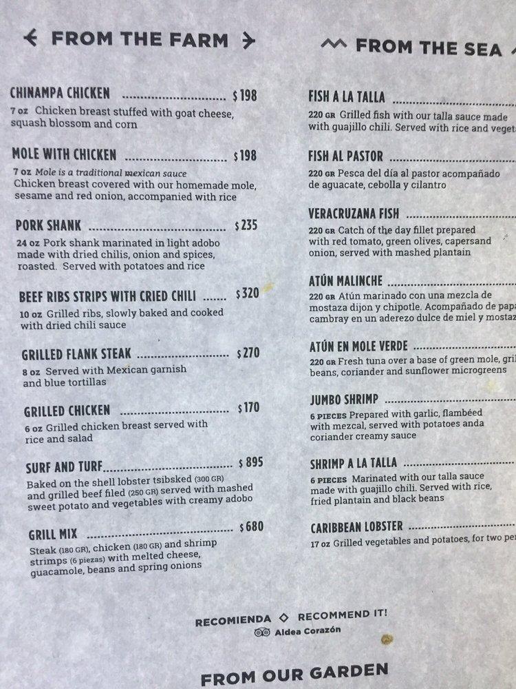 Carta del restaurante Aldea Corazón, Playa del Carmen, 5a. Avenida Col ...