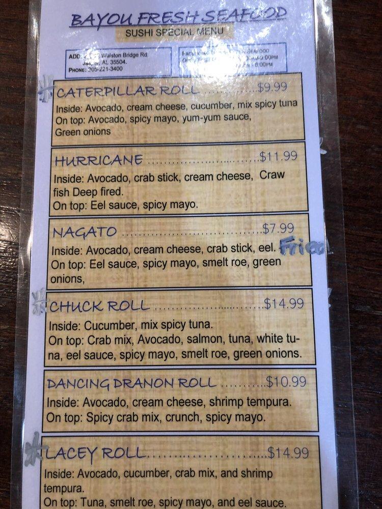 Menu at Bayou Fresh Seafood restaurant, Jasper