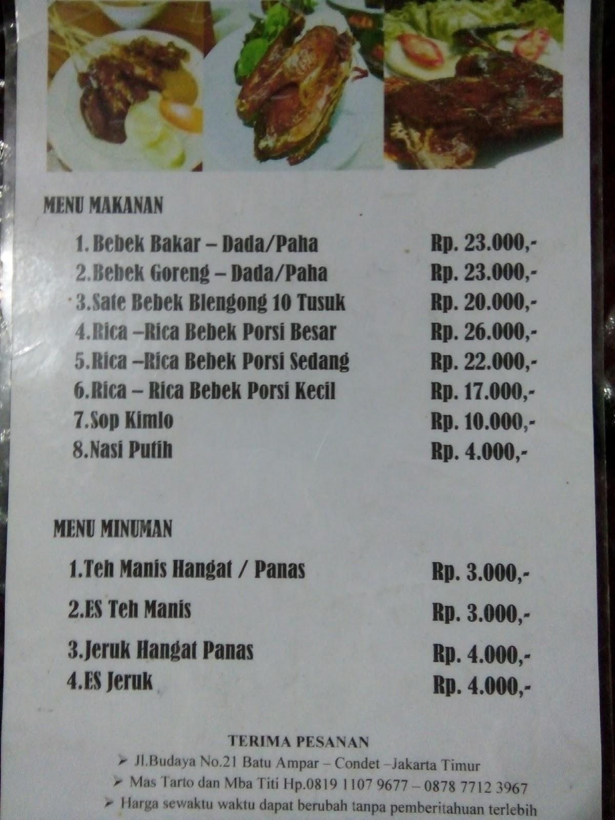 Menu at Bebek Blengong restaurant, Jakarta, Jl. Batu Ampar II