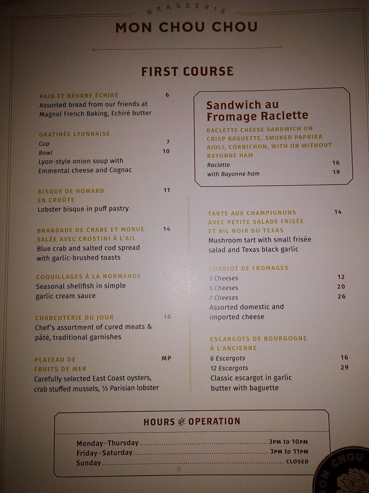 Menu at Brasserie Mon Chou Chou restaurant, San Antonio