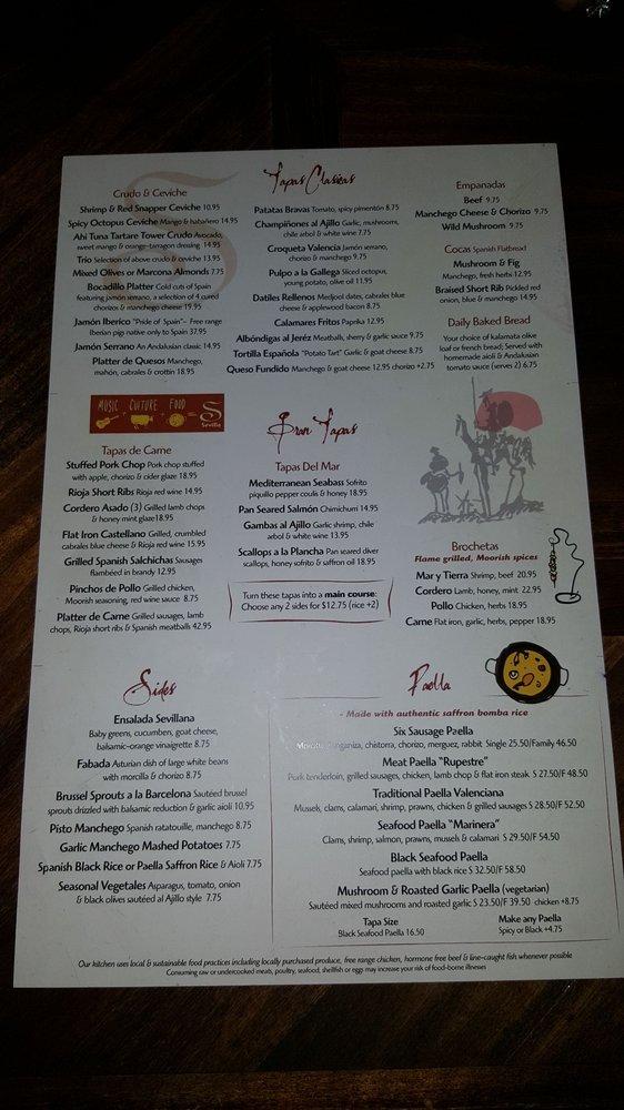 Menu at Cafe Sevilla of San Diego, San Diego