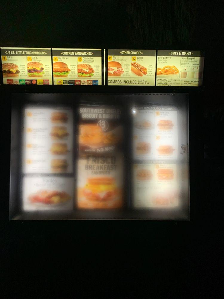 Menu at Hardee's fast food, Saraland, Hwy 43 S