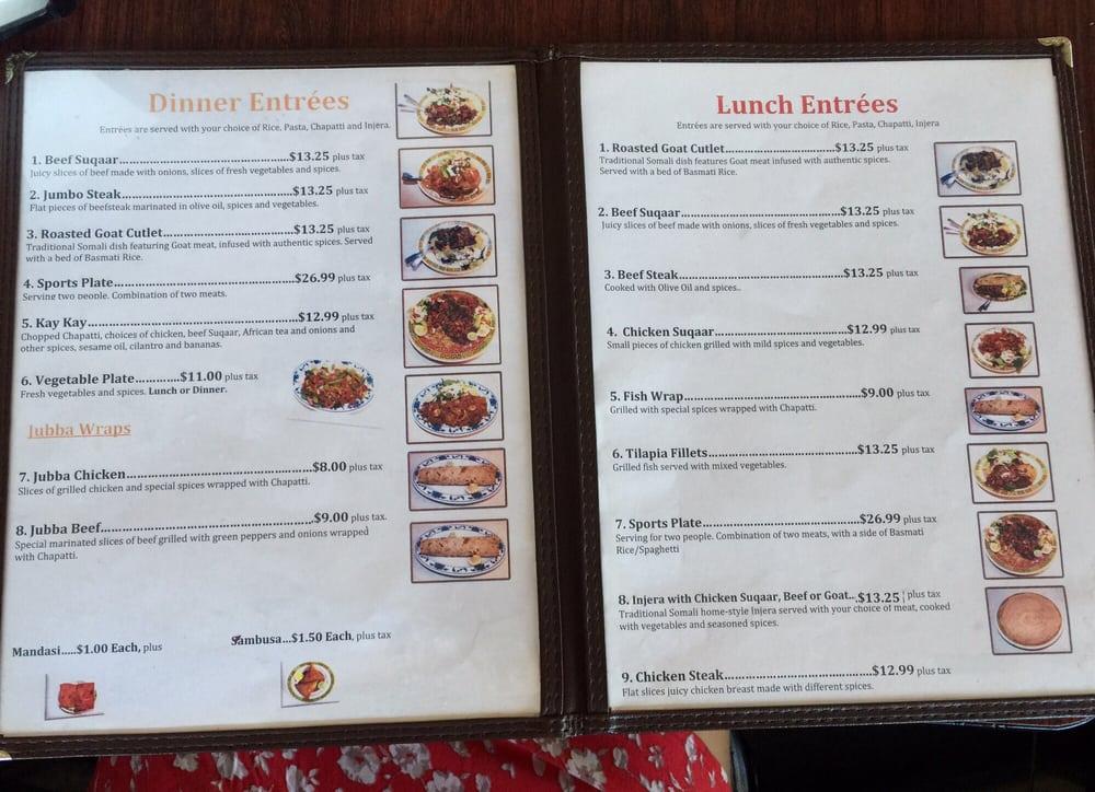 Menu at Jubba Somali Restaurant, San Jose