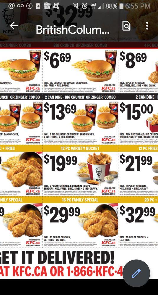 Menu at KFC fast food, Abbotsford, Clearbrook Rd
