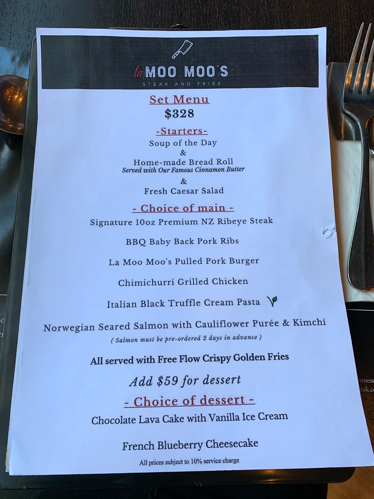 Menu at La Moo Moo's restaurant, Hong Kong