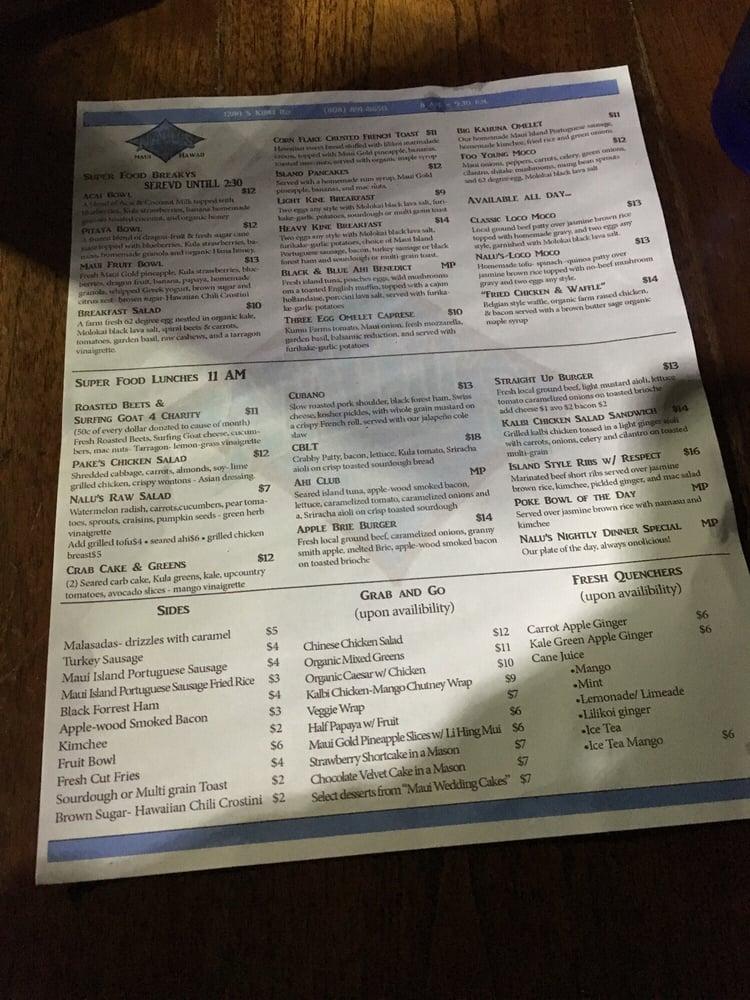 Menu at Nalu's South Shore Grill pub & bar, Kihei