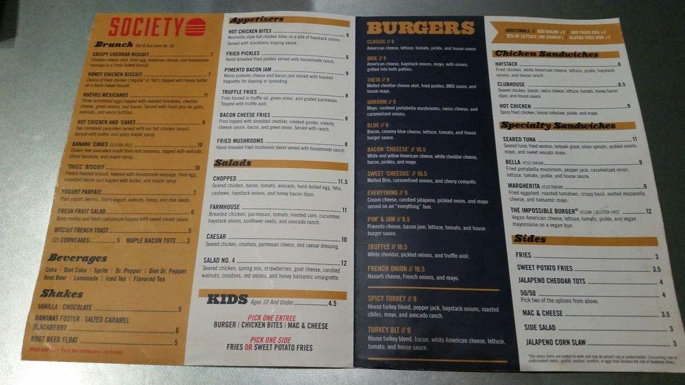 Menu at Society Burger restaurant, Tulsa, S Mingo Rd Suite A