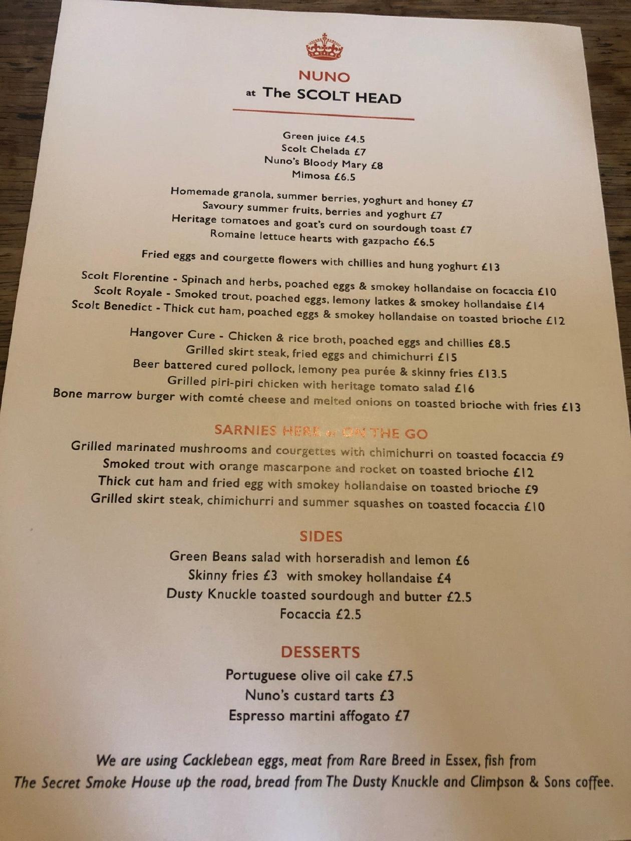 Carta del pub y bar The Scolt Head, Londres
