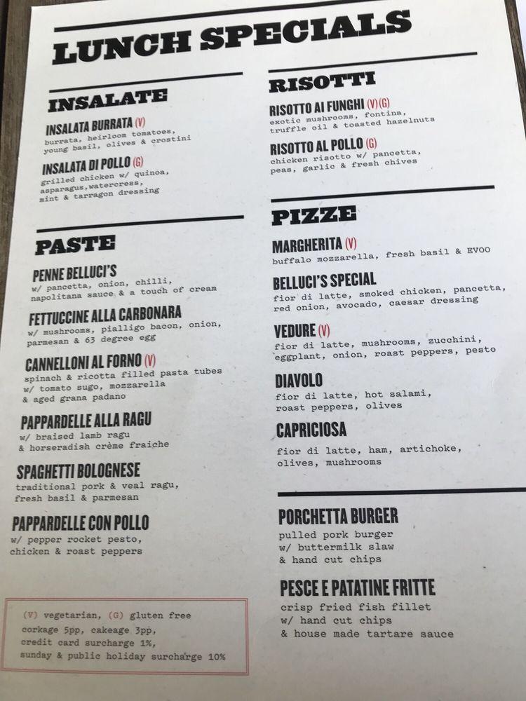 Menu at Belluci's Manuka restaurant, Forrest, Franklin St
