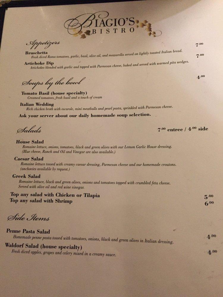 Menu at Biagio's Bistro restaurant, Cincinnati