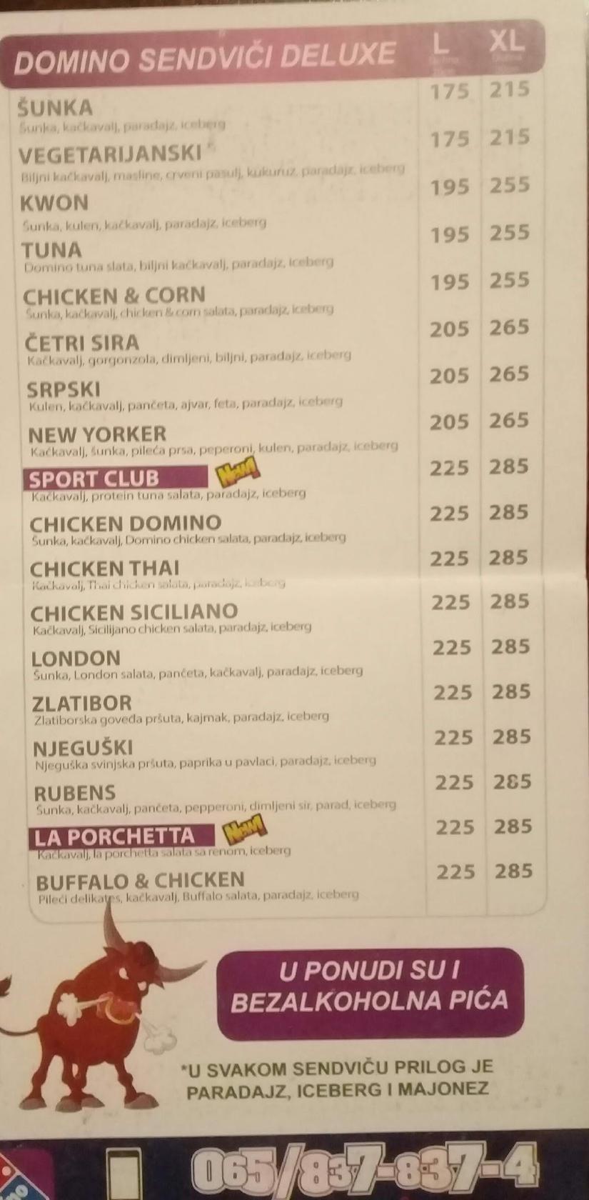 Menu at DOMINO FOODS restaurant, Vršac