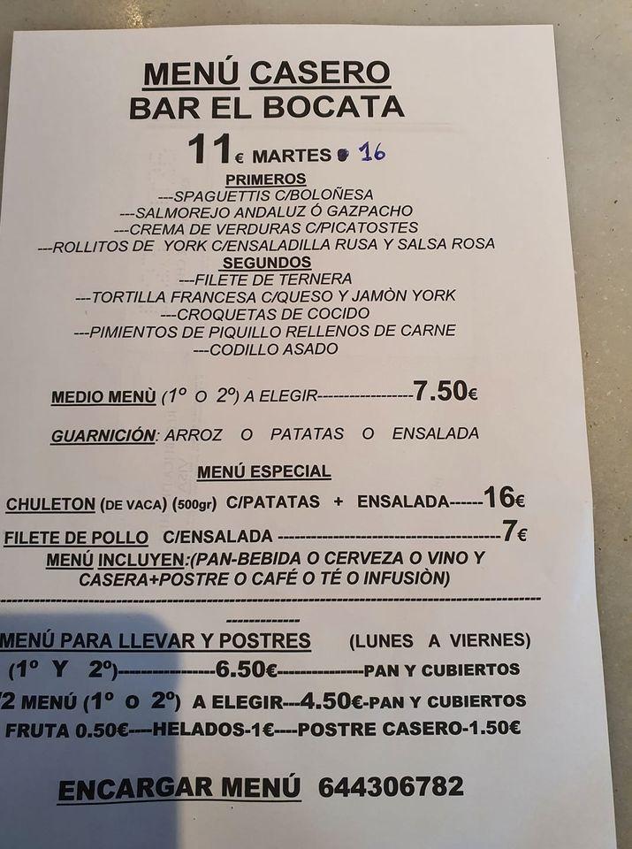 Menu at El Bocata pub & bar, Madrid