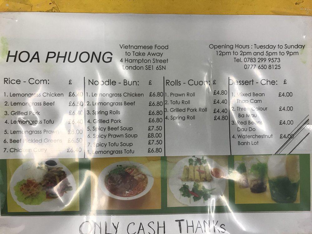 Menu at Hoa Phuong restaurant, London