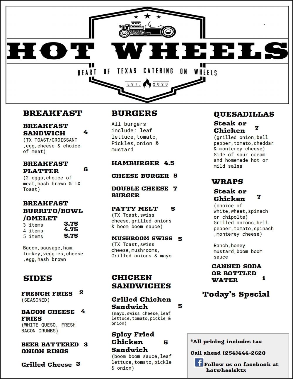 Menu at Hot Wheels Food Truck restaurant, Killeen