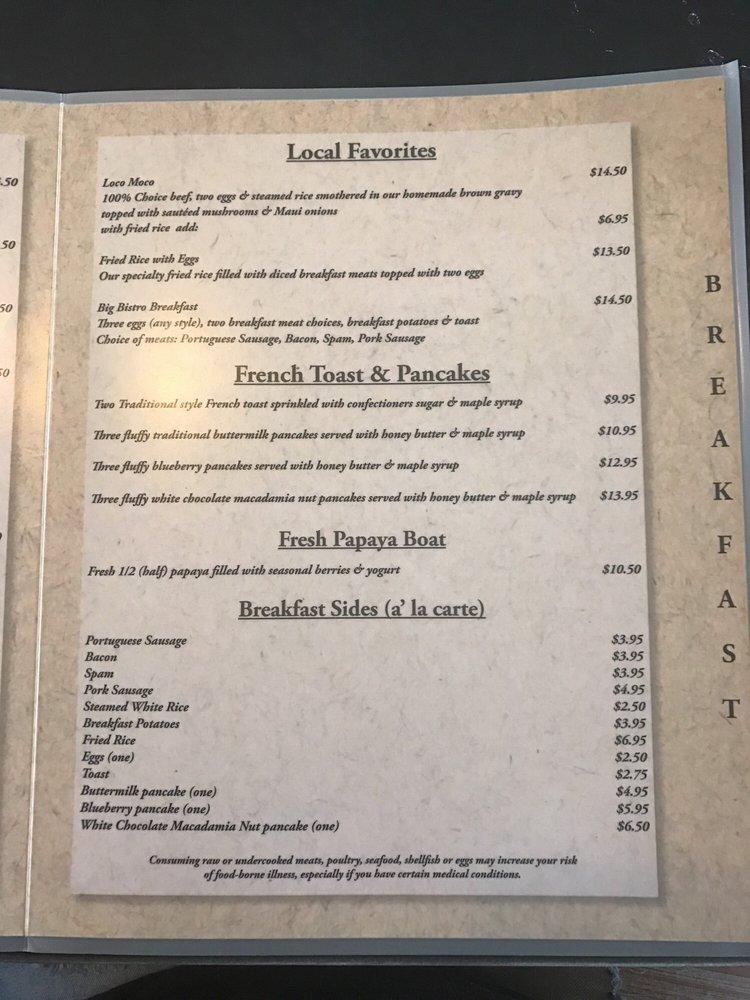 Menu at Kula Bistro restaurant, Kula