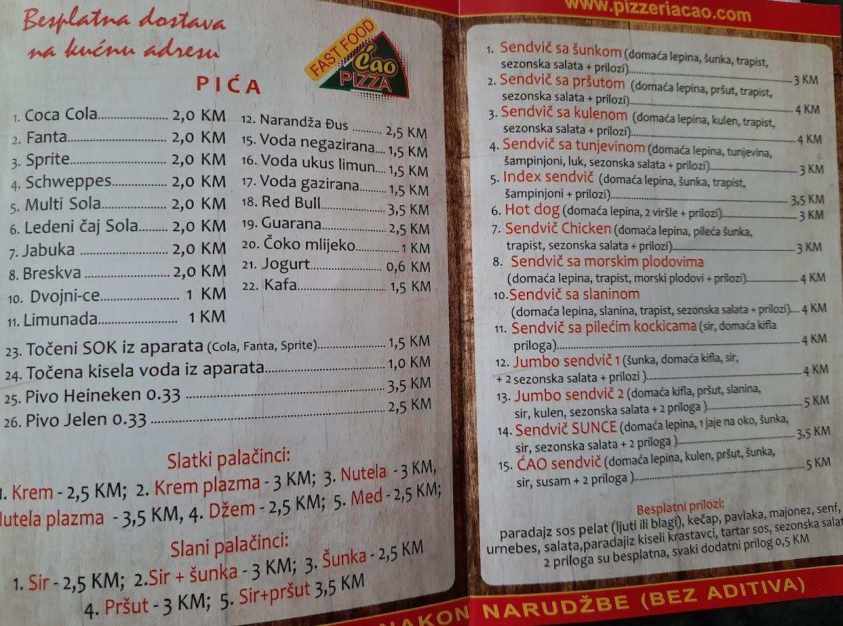 Menu at Picerija Ciao restaurant, Bijeljina