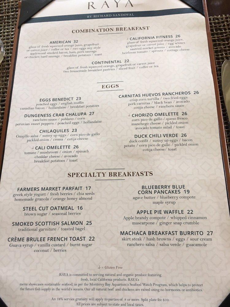 Menu at RAYA restaurant, Dana Point