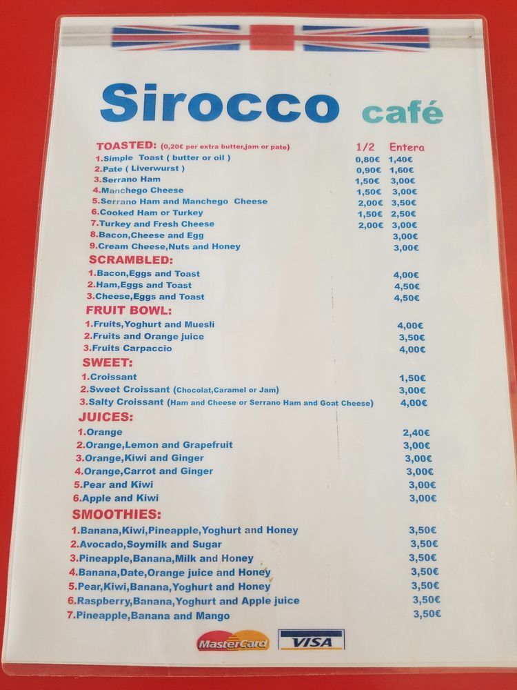 Carta de Sirocco Café, Tarifa, C. Batalla del Salado