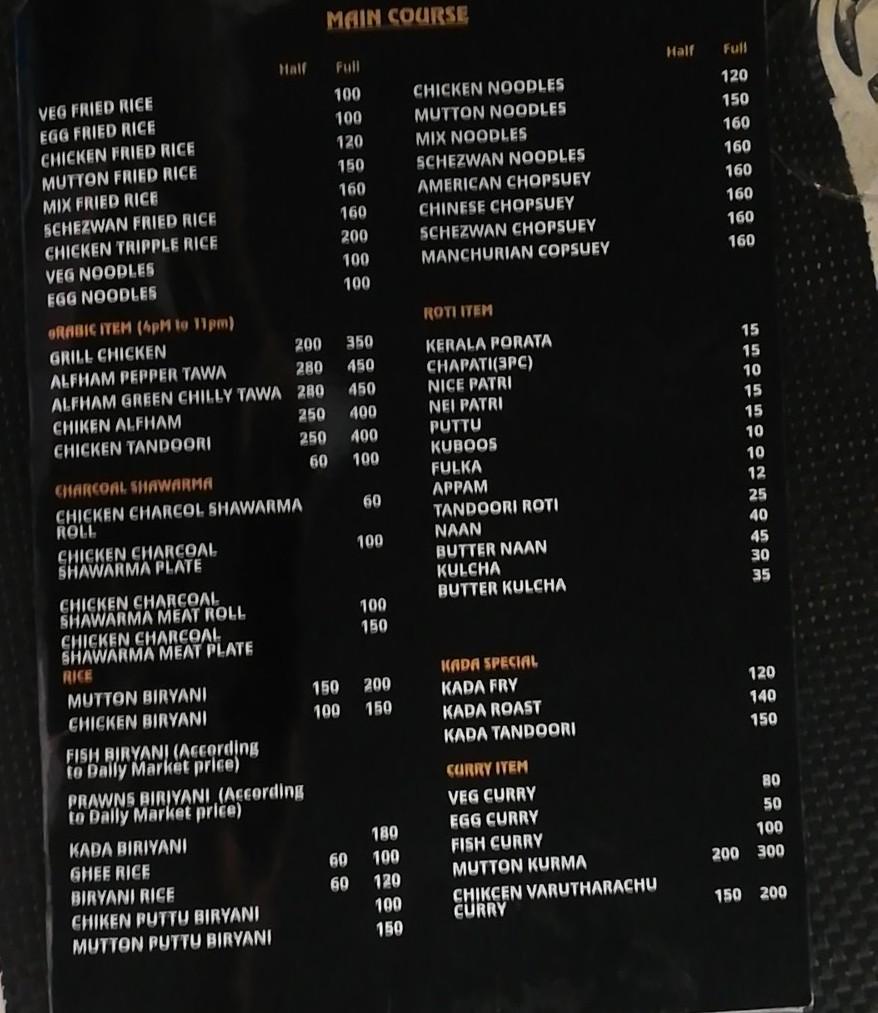 Menu at Thalassery Kitchen, Mangaluru, Sky court building