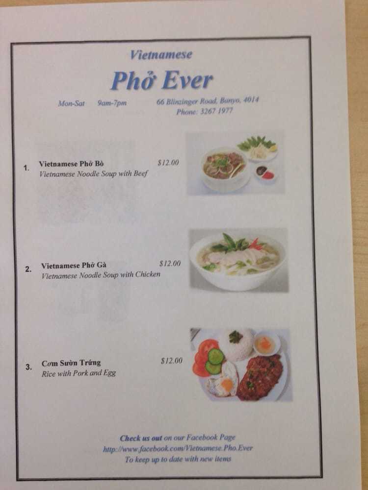 Menu at Vietnamese Pho Ever restaurant, Banyo