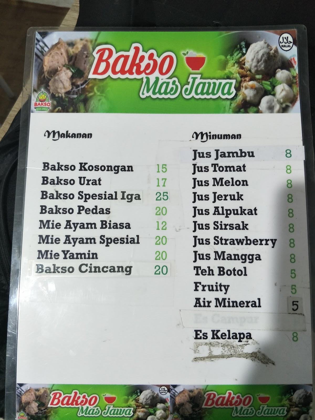 Menu at BAKSO MAS JAWA restaurant, Padalarang
