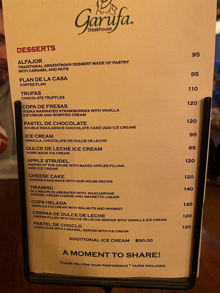 Carta de Garufa Steakhouse, Puerto Peñasco, Paseo Las Olas 6D11